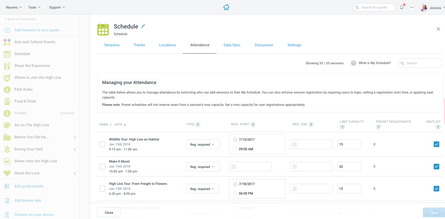 Managing Session Attendance and Registration – Guidebook Support